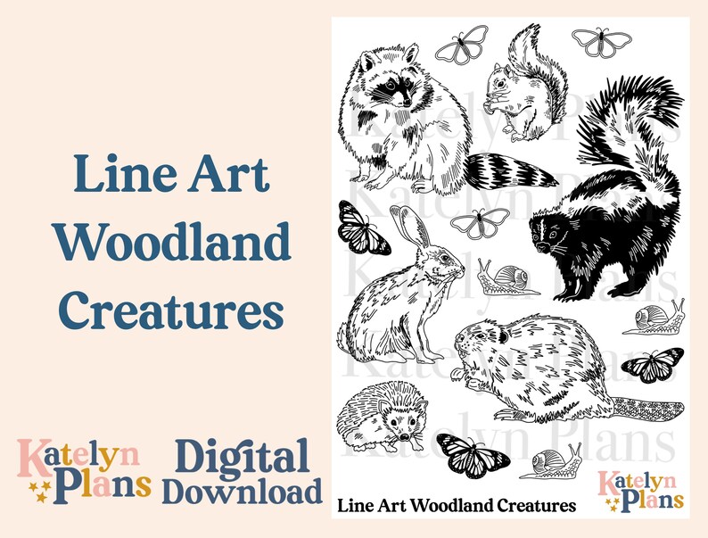 Line Art Woodland Creatures Printable Planner Stickers (digital ...