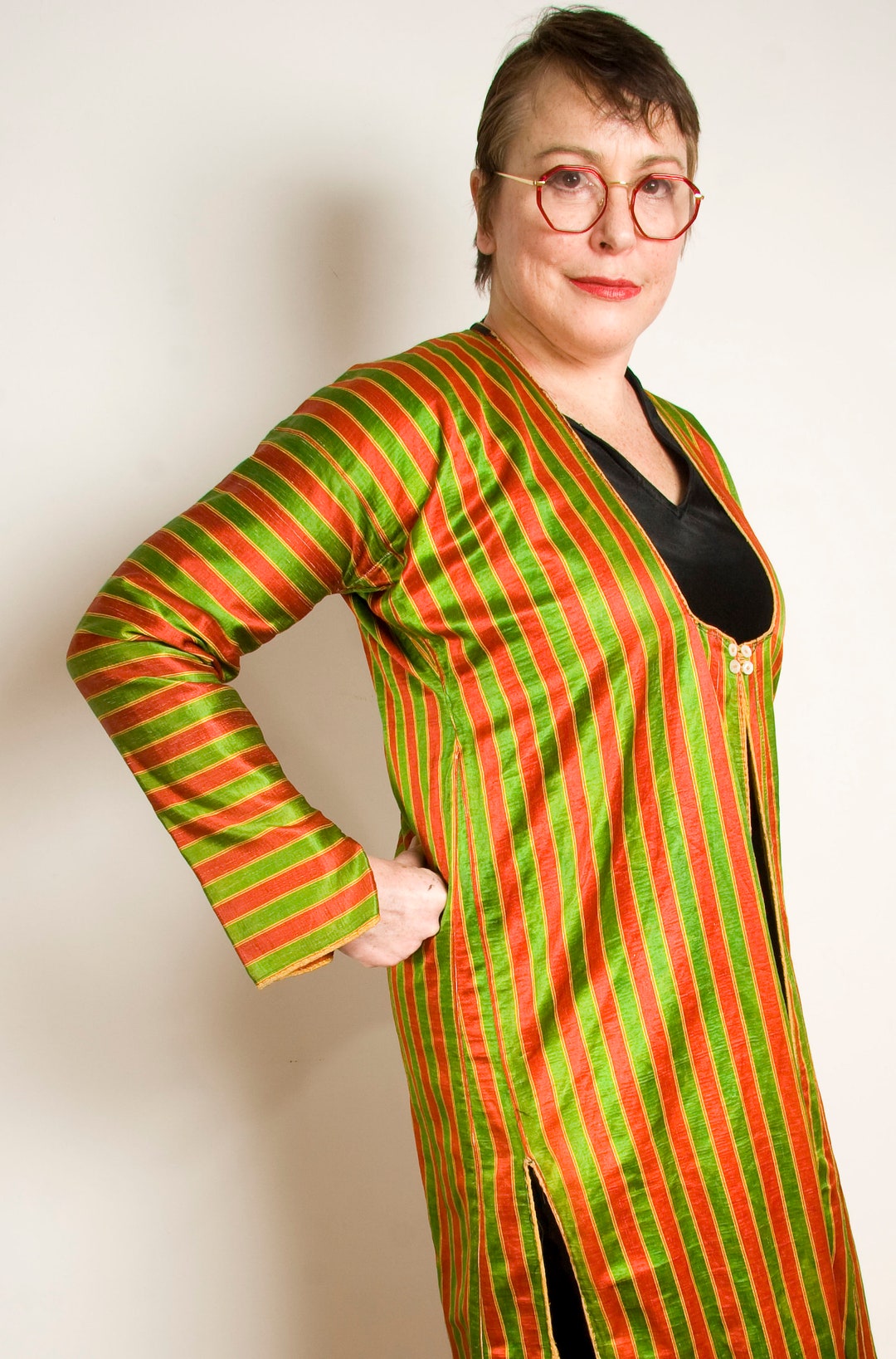 Splendid Silk Green and Red Striped Turkish 'yelek', Woman's Open Coat ...