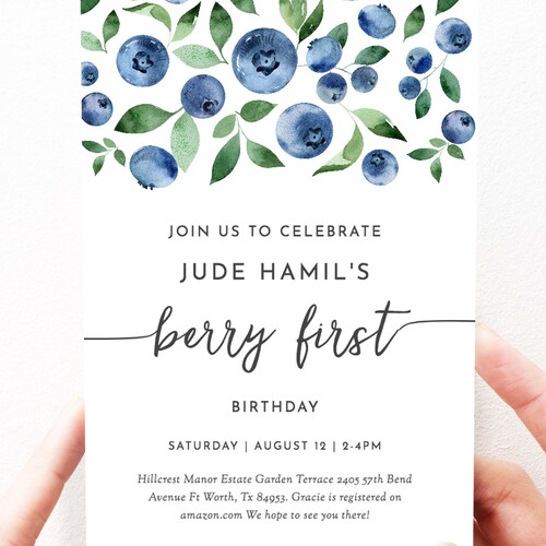 Editable Blueberry Birthday Invitation First Birthday Berry - Etsy