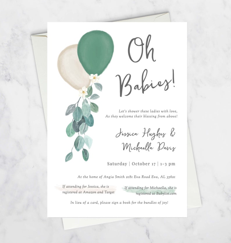 Double Baby Shower Invitation Template, Joint Baby Shower, Gender ...