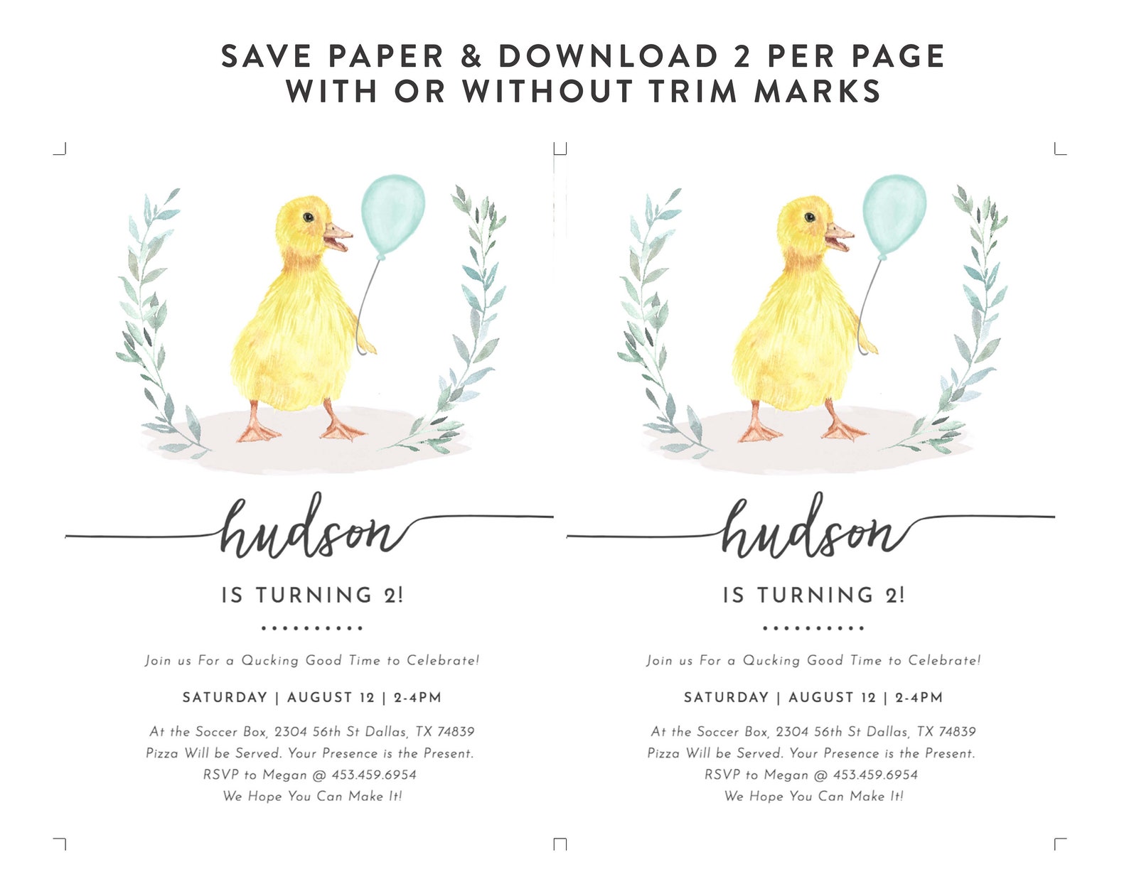 Duck Birthday Invitation Duck Cute Duck Birthday Invites Boy - Etsy