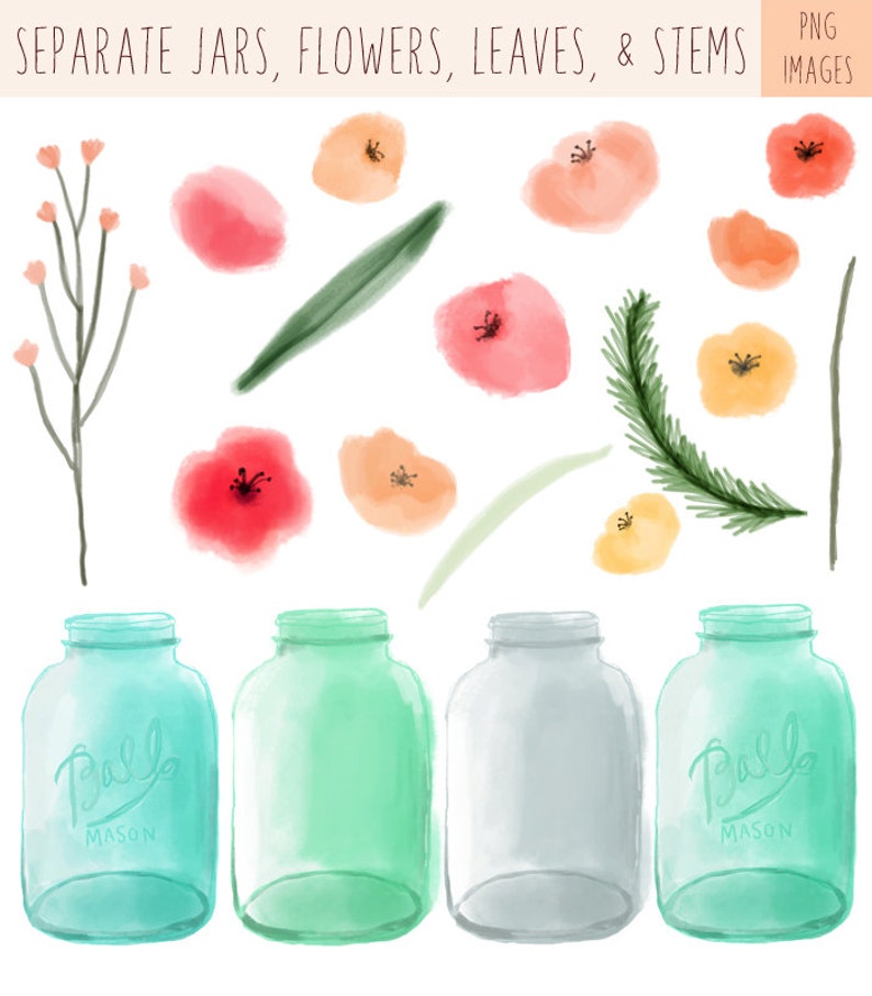 Digitally Painted Mason Jar Clip Art and Digitally Painted Flower Clip ...