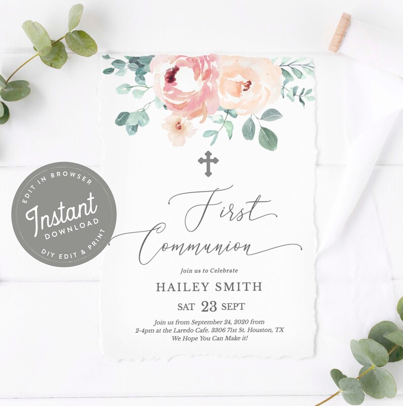 First Communion Invitation Girl Floral First Communion | Etsy