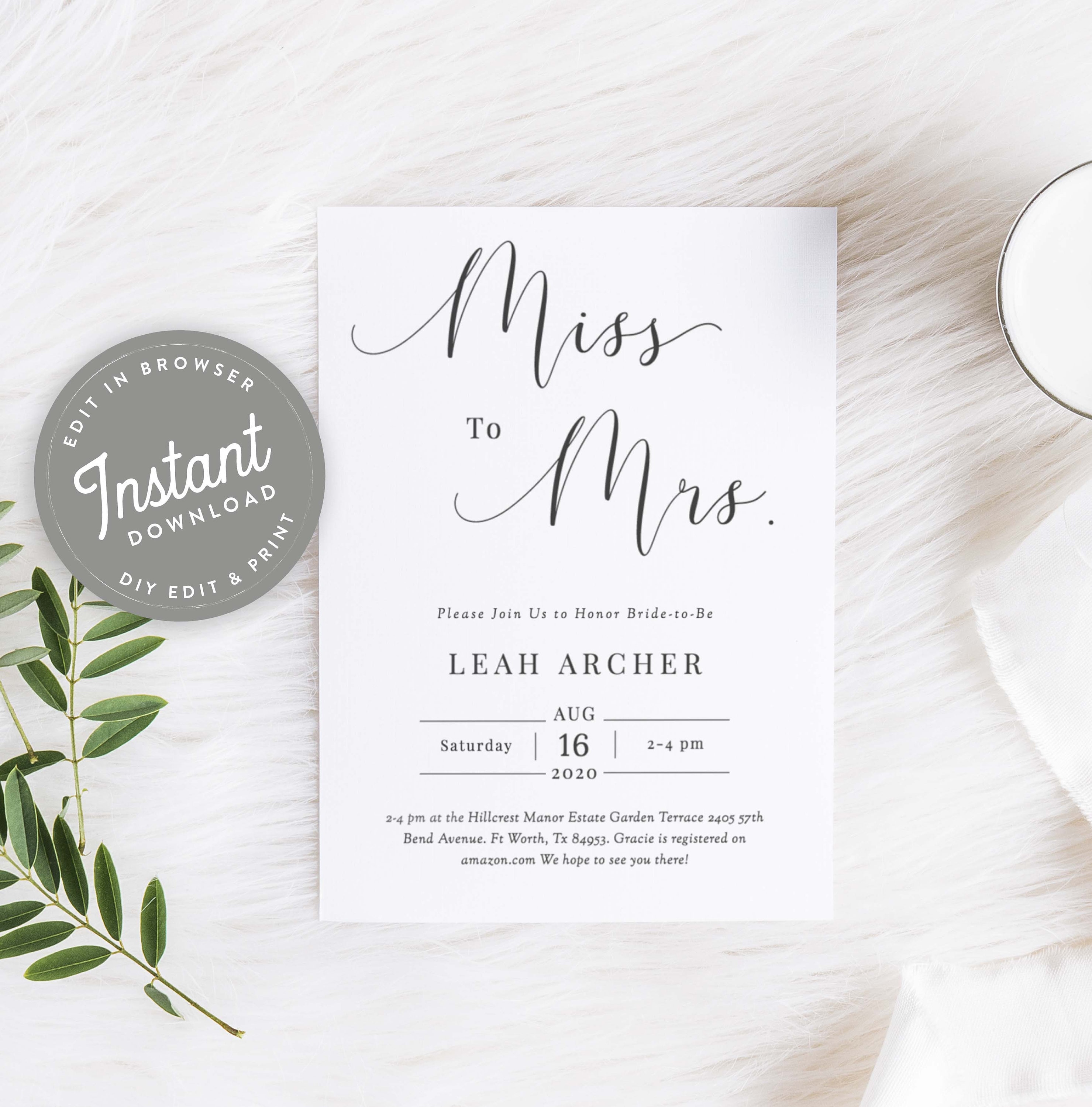Modern Miss to Mrs Bridal Shower Invitation Printable Simple | Etsy