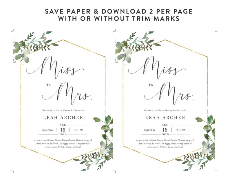 Greenery Miss to Mrs Bridal Shower Invitation Download Simple | Etsy