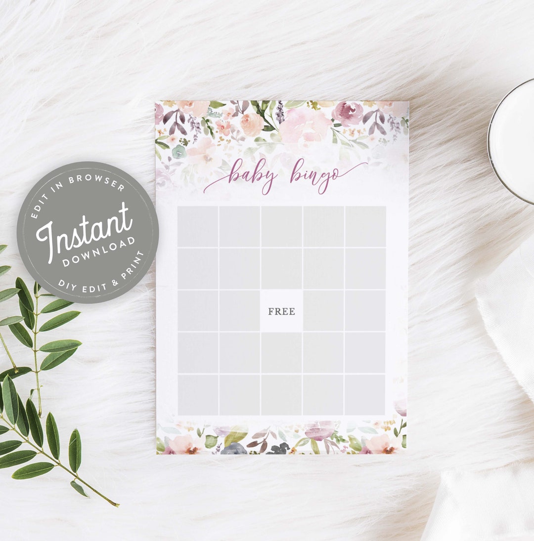 Purple Floral Baby Shower Bingo Instant Download, Printable Baby Shower ...