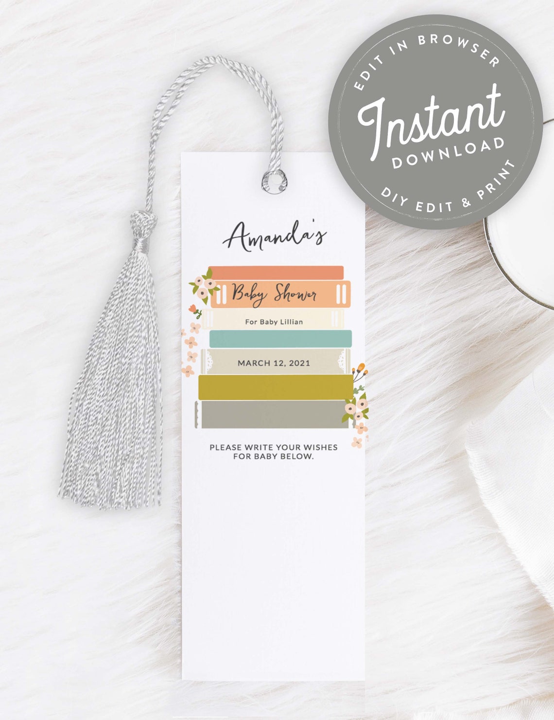 Girl Storybook Baby Shower Bookmark Template Printable Bookmark ...