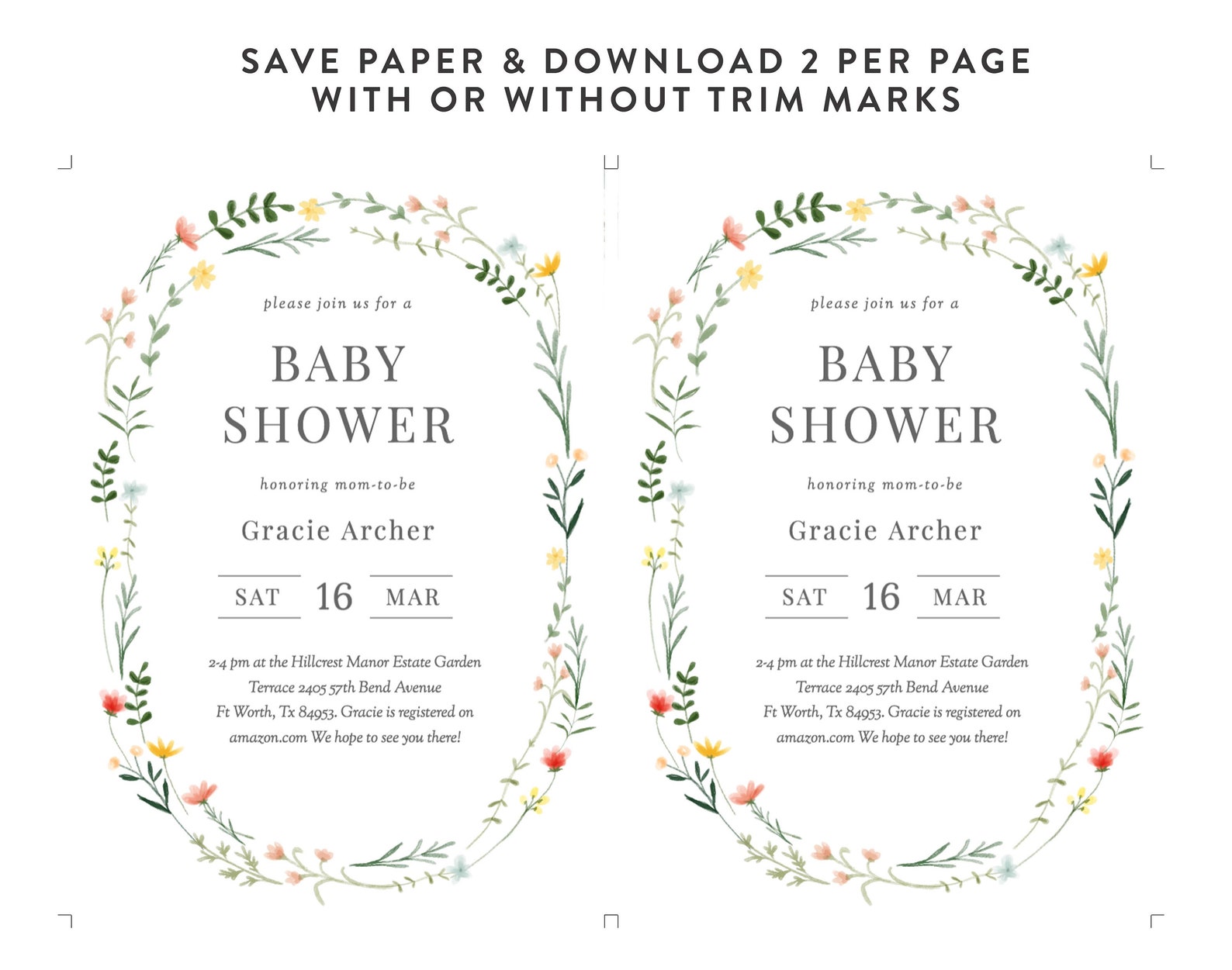 Spring Baby Shower Invitation Girl Wildflower Wreath Baby Shower Invite ...