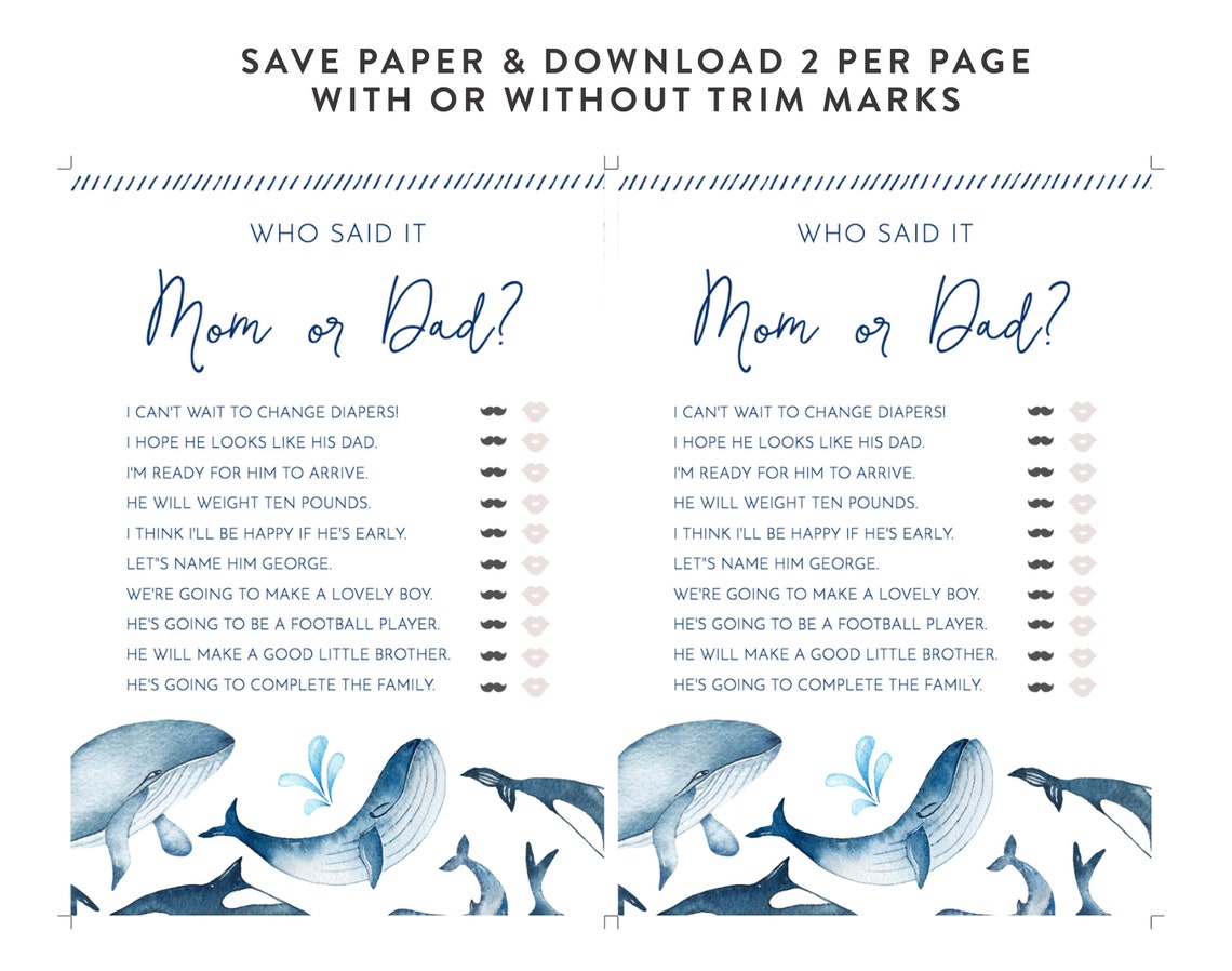 Whale Baby Shower Games Who Said It, Printable Baby Shower Game ...