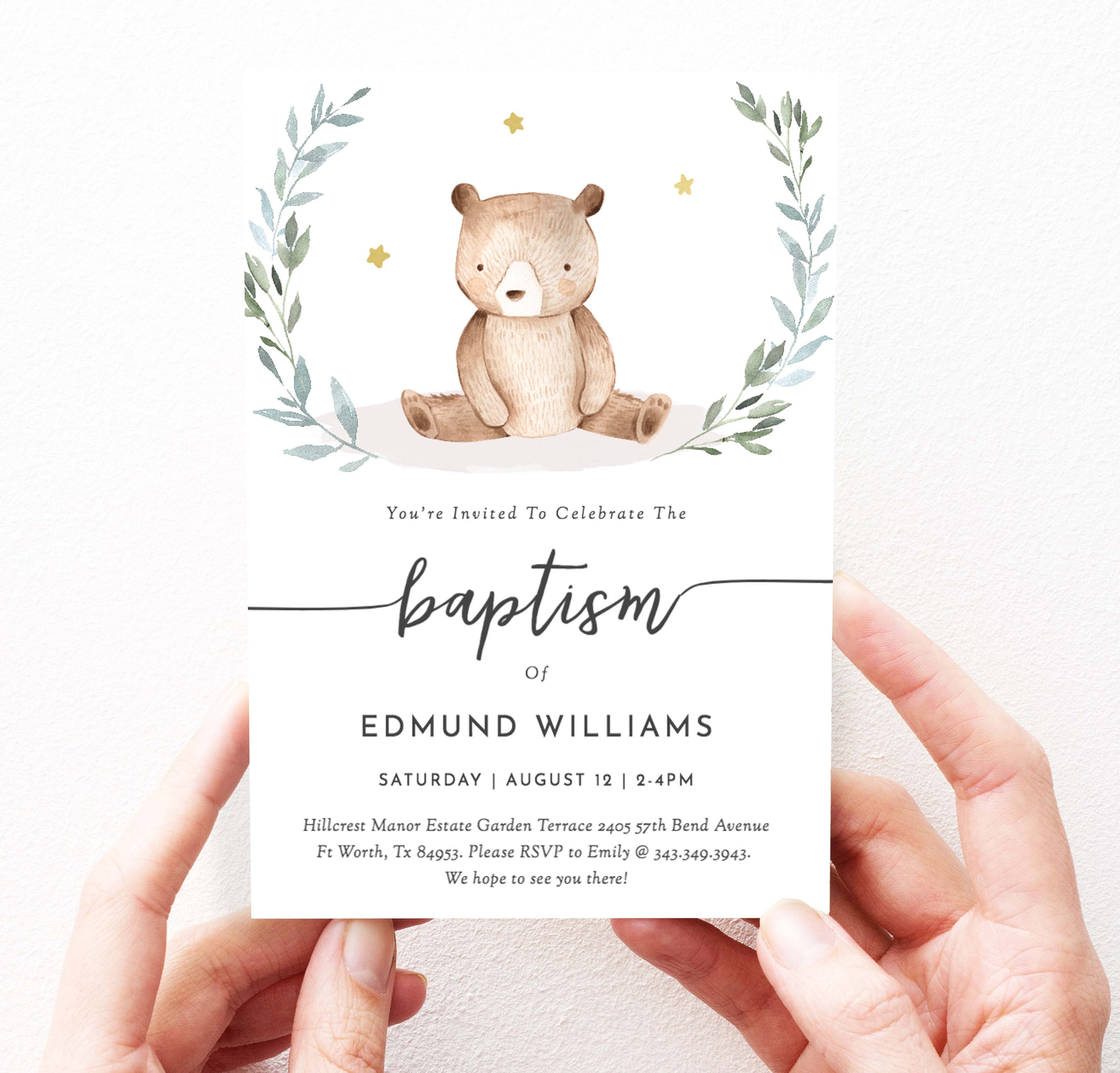 Teddy Bear Baptism Invitation Boy, Editable Baptism Invitation Template ...