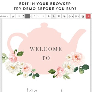 Editable Tea Party Sign Printable Tea Party Welcome Sign, Tea Party ...