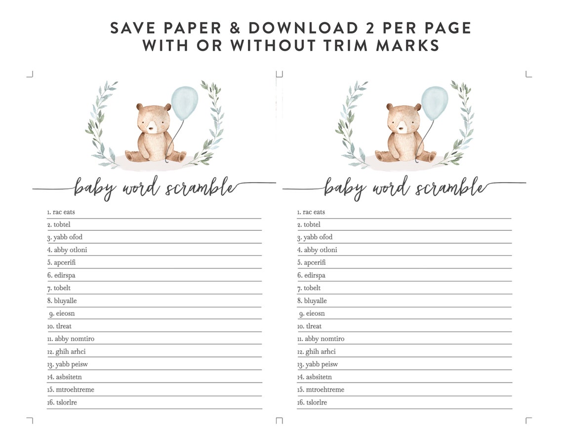 Bear Baby Shower Games Word Scramble Bear Baby Shower Game | Etsy