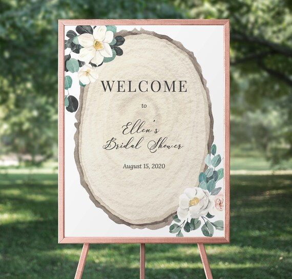 Rustic Bridal Shower Welcome Sign Magnolia Floral Wood Slice | Etsy