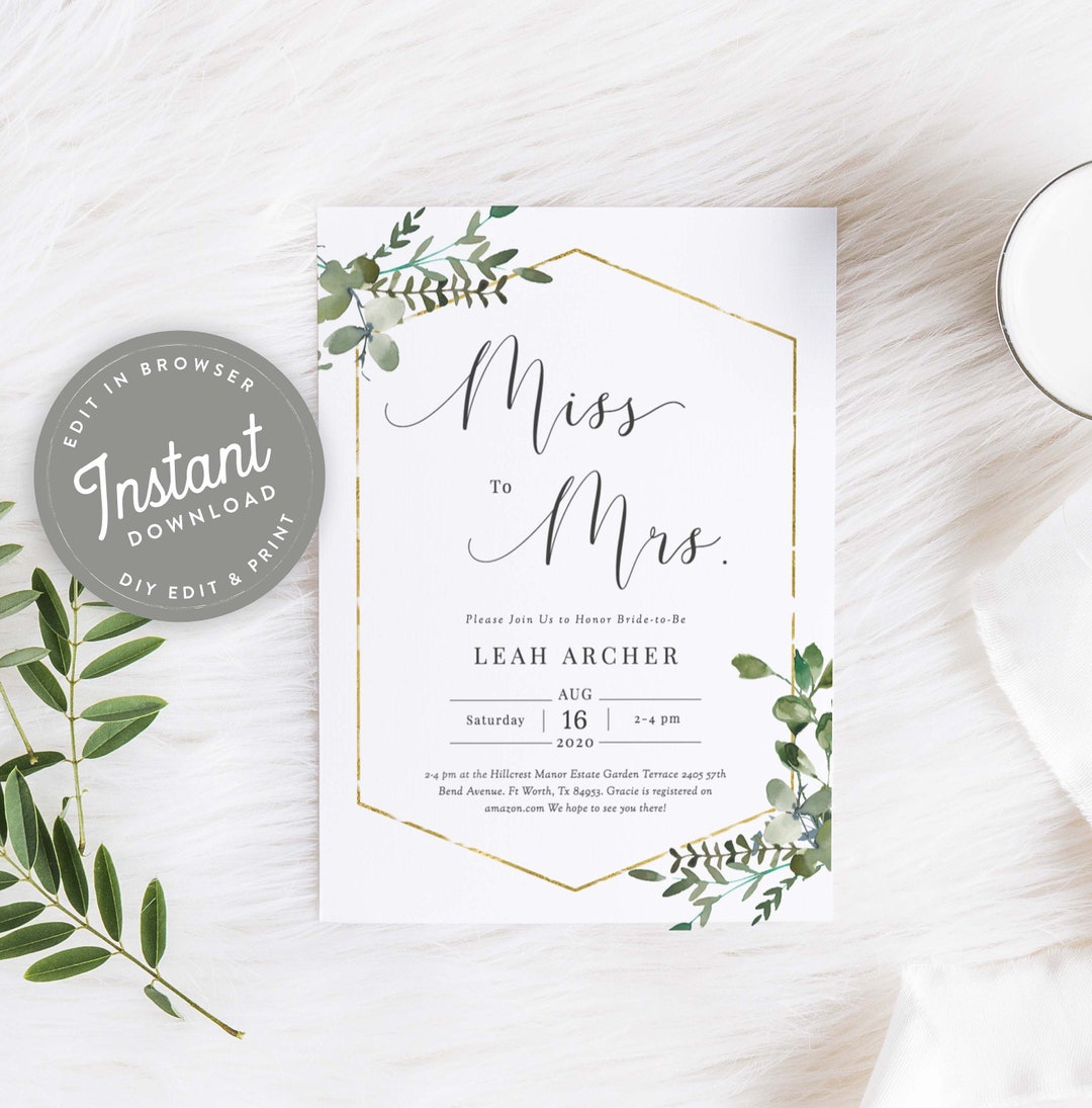 Greenery Miss to Mrs Bridal Shower Invitation Download, Simple Bridal ...
