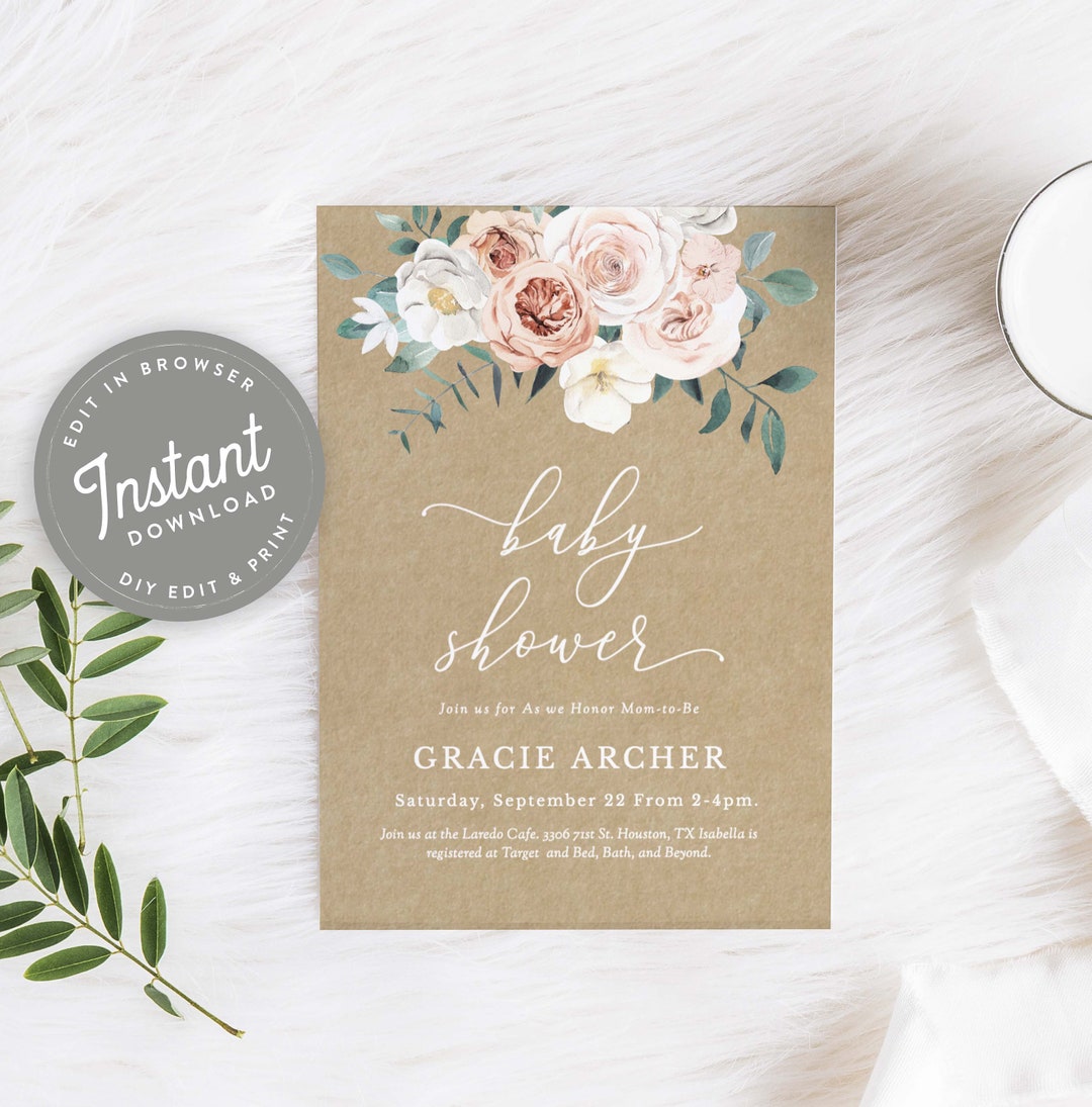 Rustic Baby Shower Invitation, Rustic Baby Shower Invite Girl, Editable ...