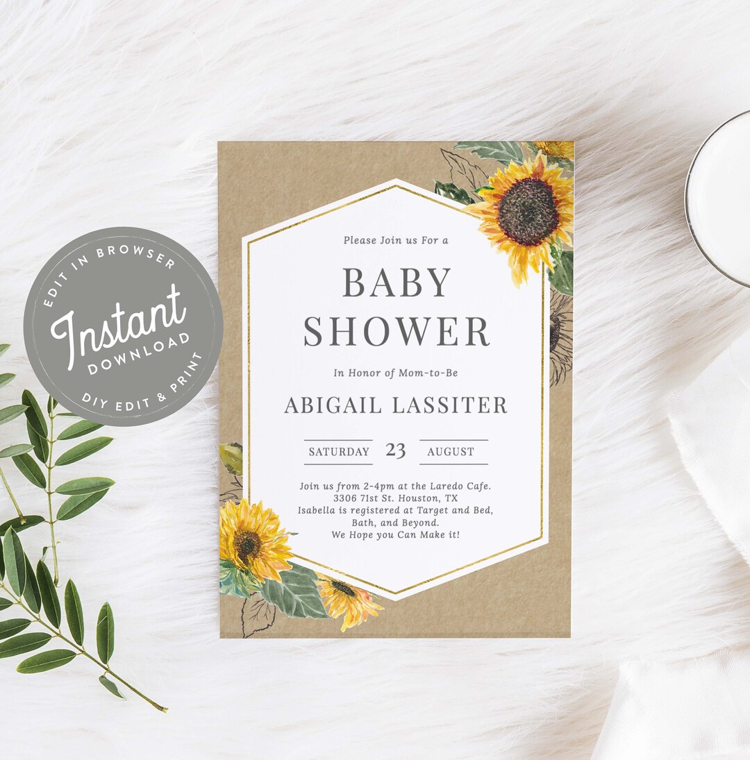 Sunflower Baby Shower Invitation, Sunflower Baby Shower Invites, Rustic ...