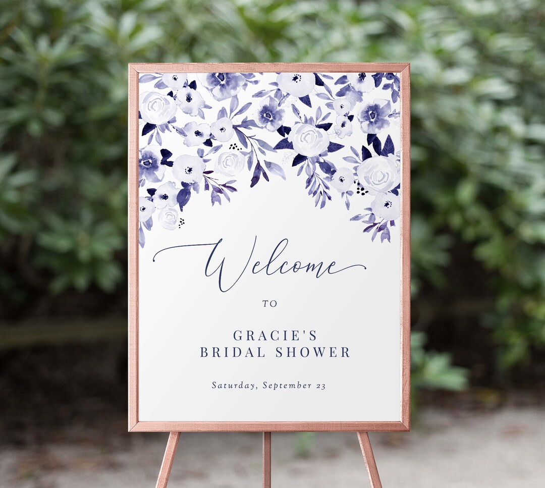 Blue Floral Bridal Shower Welcome Sign Blue Shower Sign, Blue Flower ...