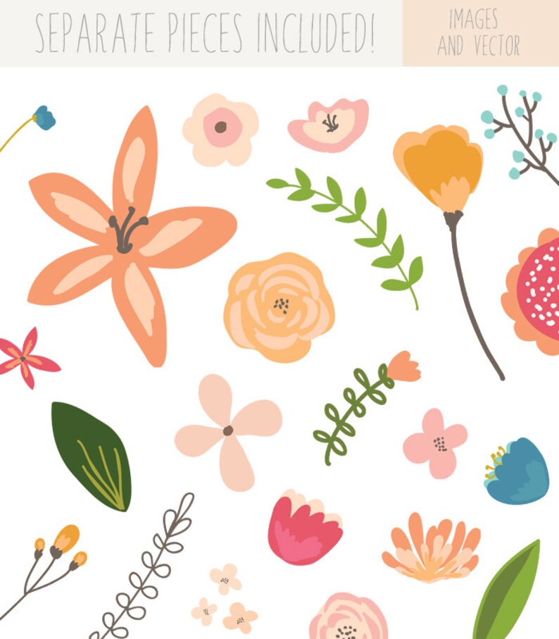 Hand Drawn Flower Bunches Clip Art. Vector Flower Clip Art. Tropical ...