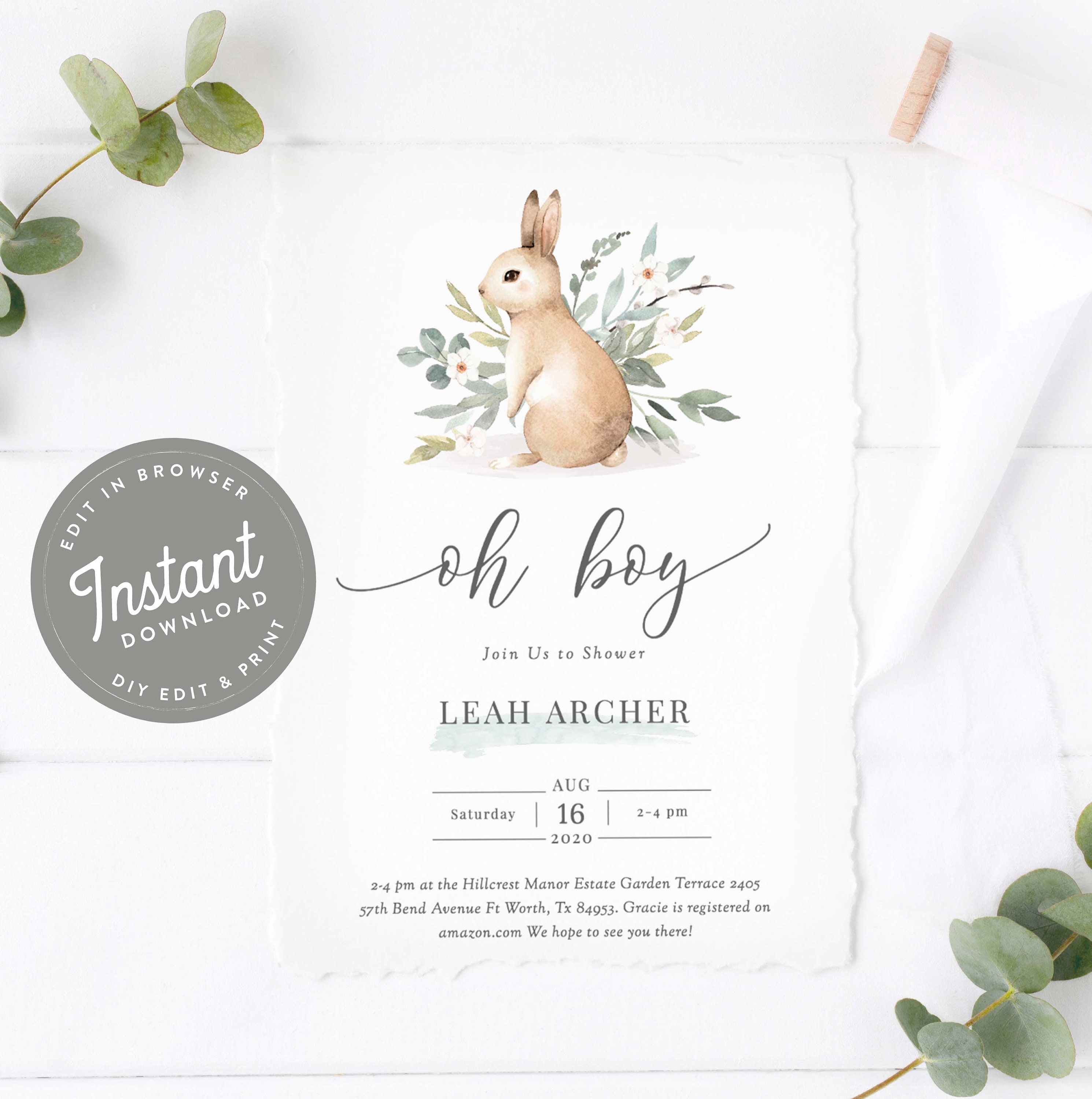 Bunny Baby Shower Invitation Boy Baby Shower Invites Rabbit | Etsy