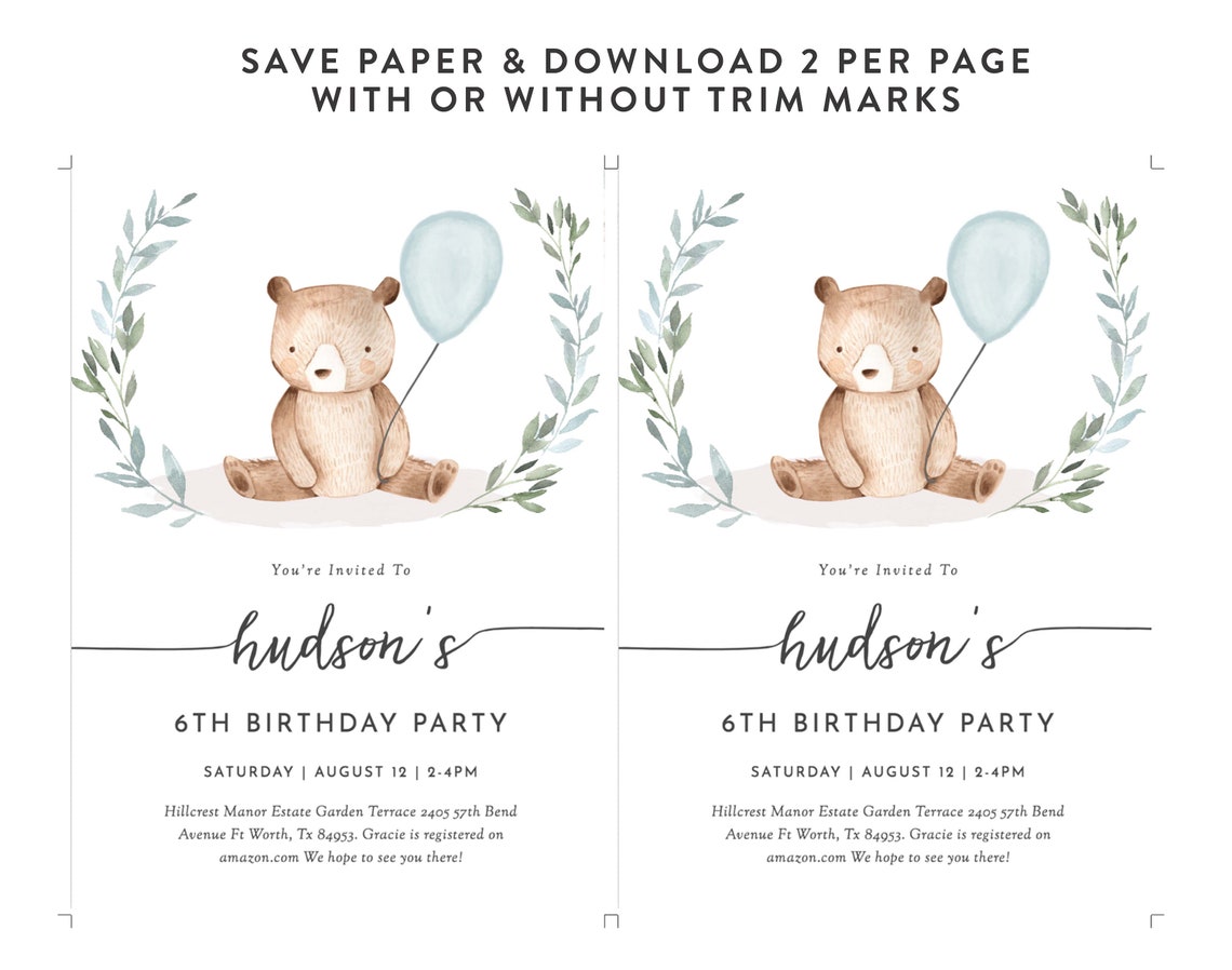 Bear Birthday Invitation Download, Birthday Invitation Bear, Editable ...