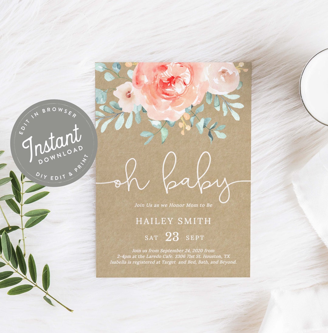 Rustic Baby Shower Invite Girl, Baby Shower Invitation Boho, Blush ...