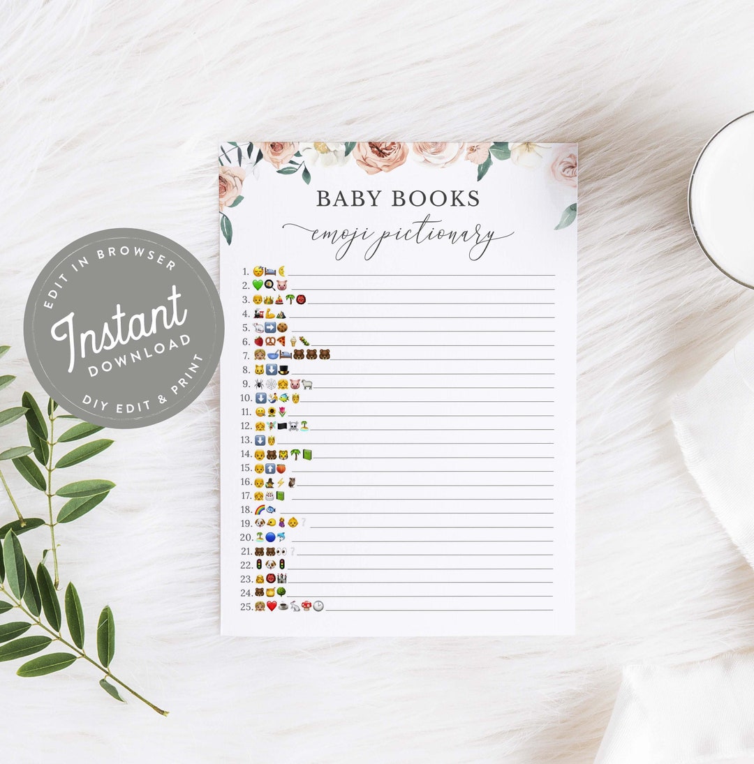 Floral Baby Shower Game, Baby Books Game, Baby Book Emoji Game, PDF ...