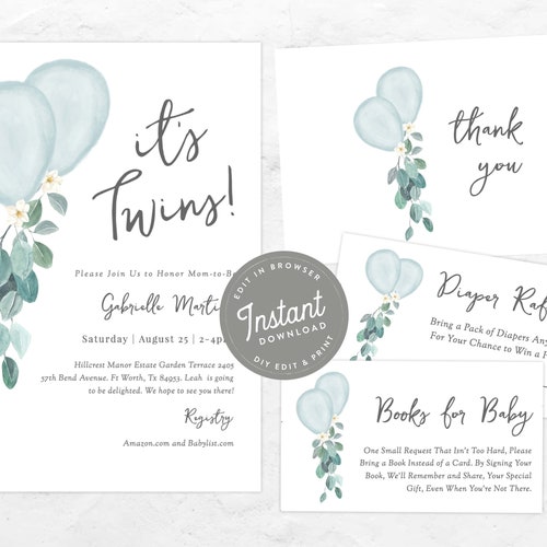 Twin Boys Baby Shower Invitation Twins Baby Shower Blue - Etsy