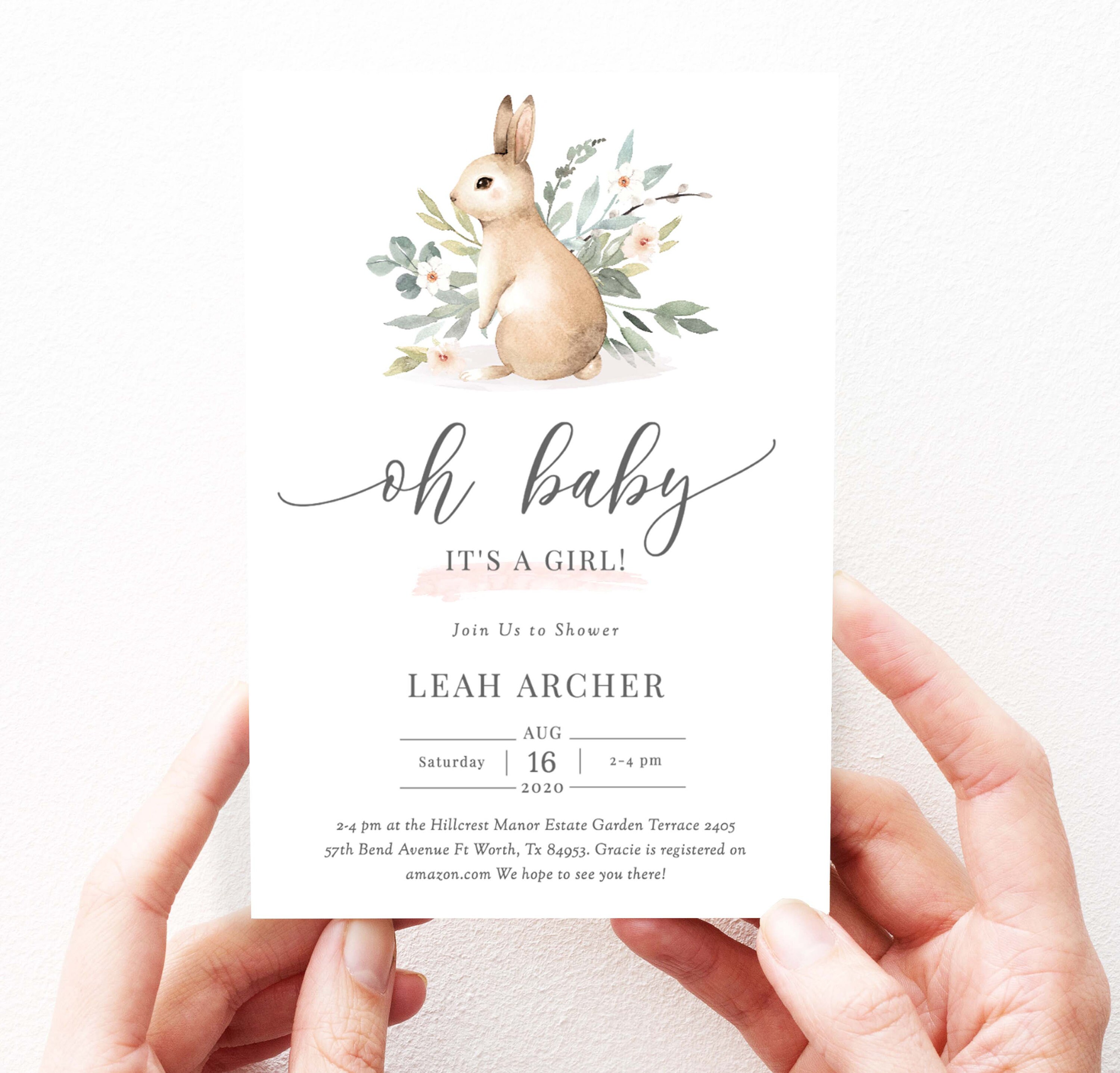 Bunny Baby Shower Invitation Girl Baby Shower Invites Rabbit | Etsy