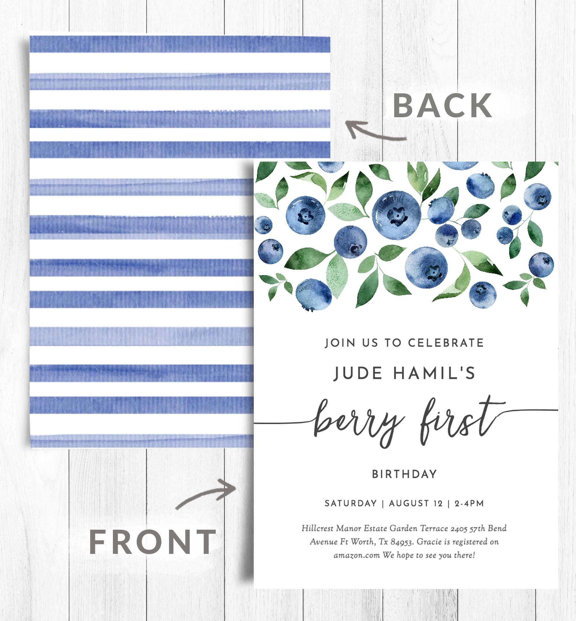 Cute Blueberry Birthday Invitation Blueberries Blueberry | Etsy