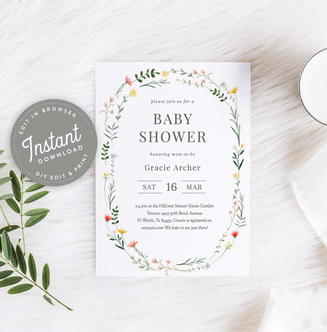 Spring Baby Shower Invitation Girl Wildflower Wreath Baby Shower Invite ...