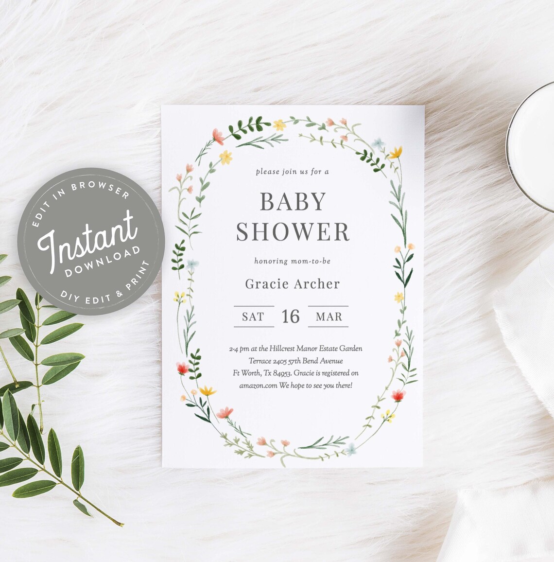 Spring Baby Shower Invitation Girl Wildflower Wreath Baby - Etsy