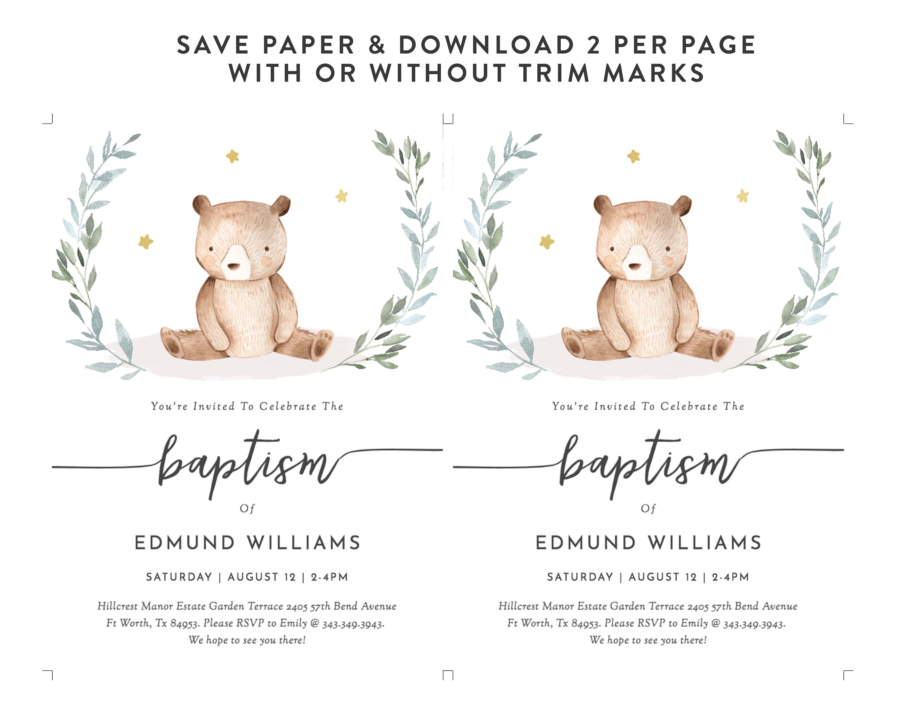 Teddy Bear Baptism Invitation Boy Editable Baptism Invitation | Etsy