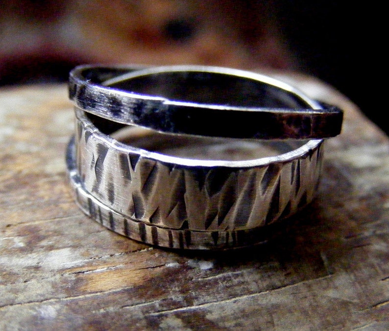 Rustic Silver Stacking Rings With Wood Texture , Set of Three - Etsy
