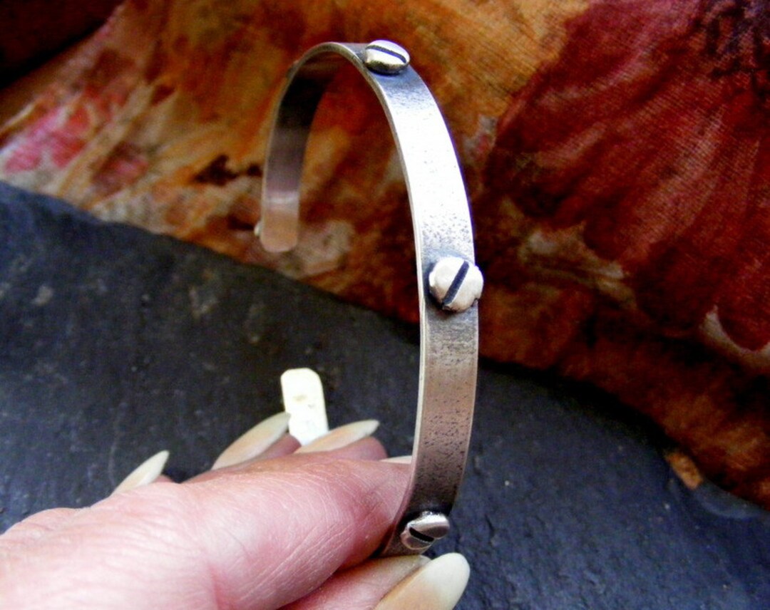 Silver Oxidised Textured Industrial Cuff With Silver Rivets and Satin ...