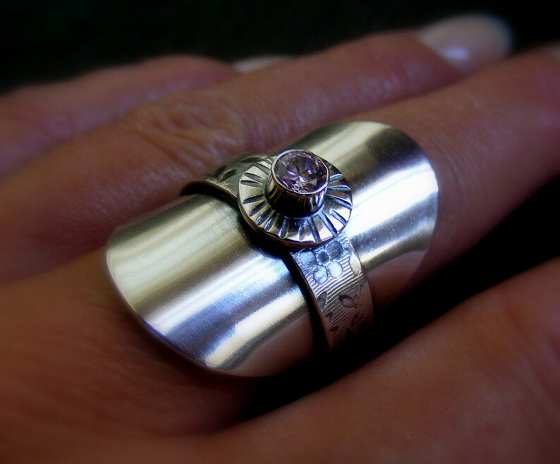 Silver Saddle Shield Ring With Flower Textured Band and Pink | Etsy