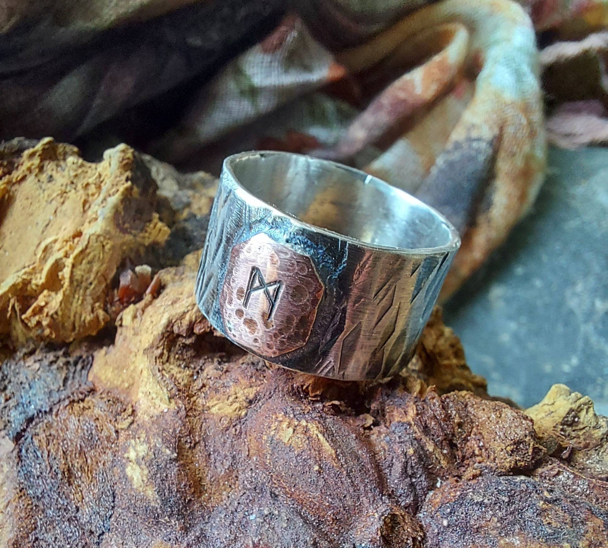 Silver Rune Handmade Hammered and Oxidised Ring With Copper Rune ...