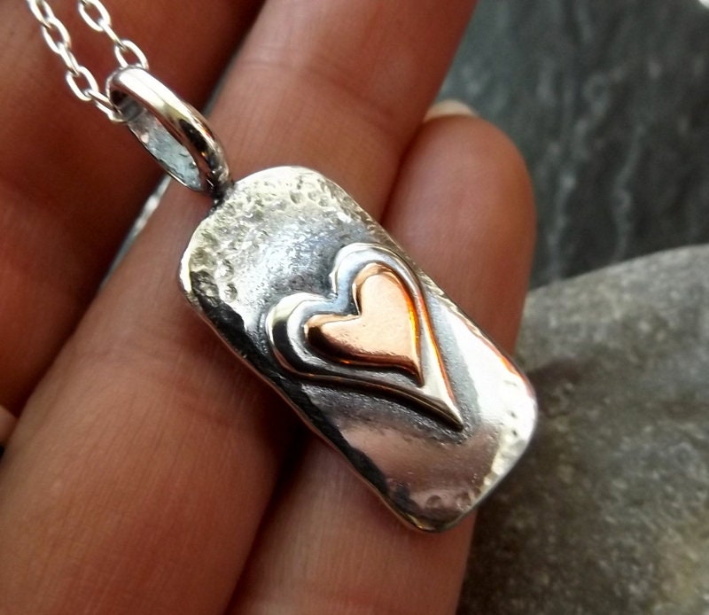 Silver chunky heart necklace with copper and textured | Etsy