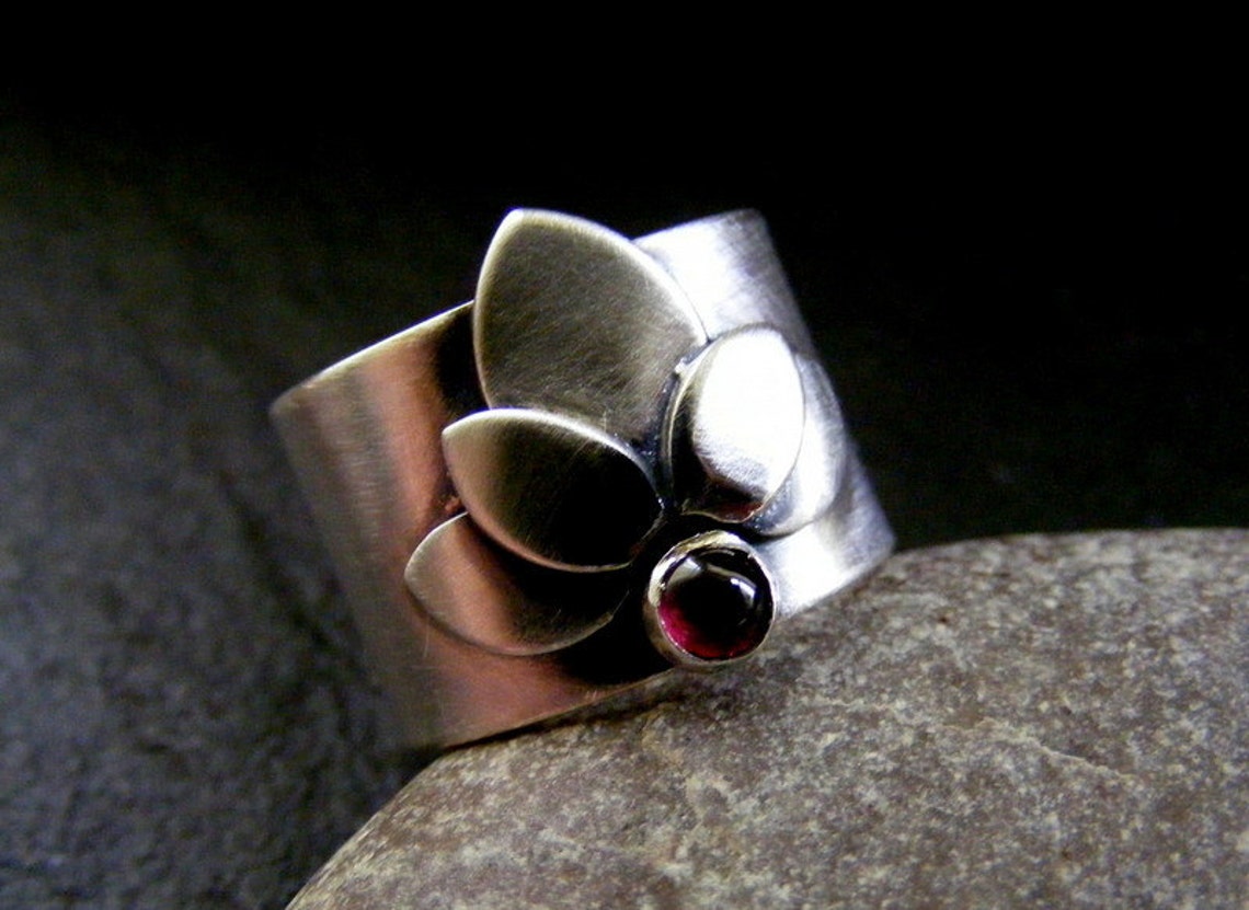 Silver Lotus Ring With Garnet Gemstone Flower Statement Ring With ...