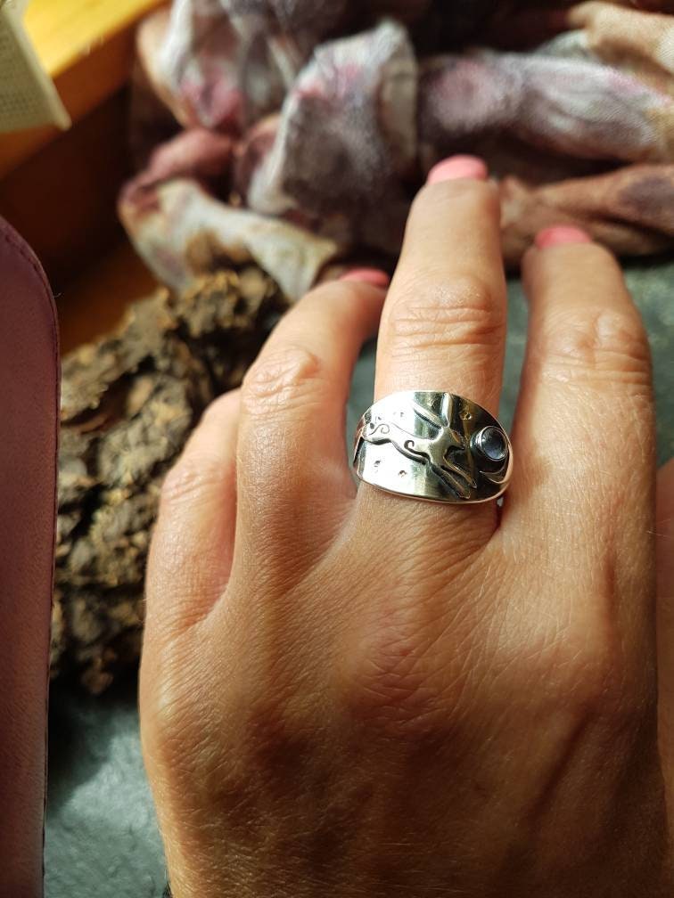 Silver Moon and Hare Ring With Moonstone Leaping Hare Saddle | Etsy