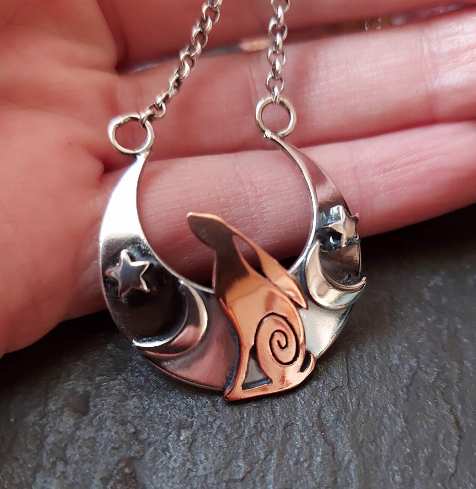 Silver Moon and Copper Hare Necklace , Inverted Moon With Silver Hare ...
