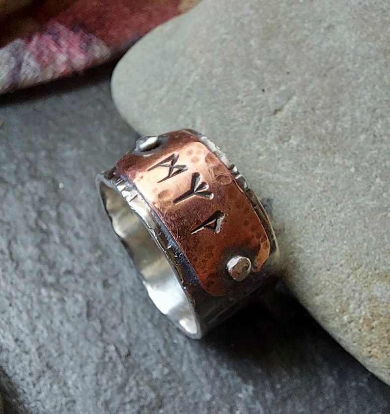 Silver and Copper Hammered Rune Ring With Rivets Rustic Rune | Etsy