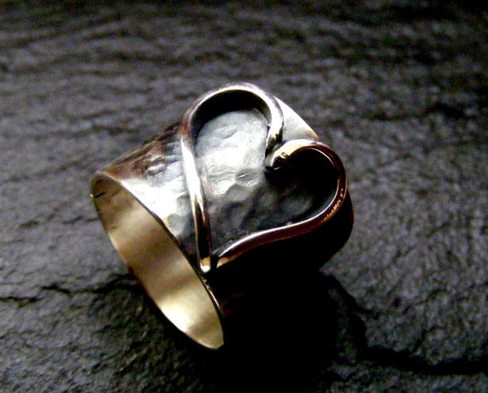 Silver Heart Ring Hammered Band Sterling Statement Wide Band Heart Ring ...