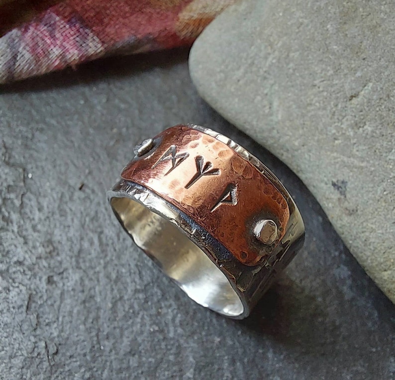 Silver and Copper Hammered Rune Ring With Rivets Rustic Rune | Etsy