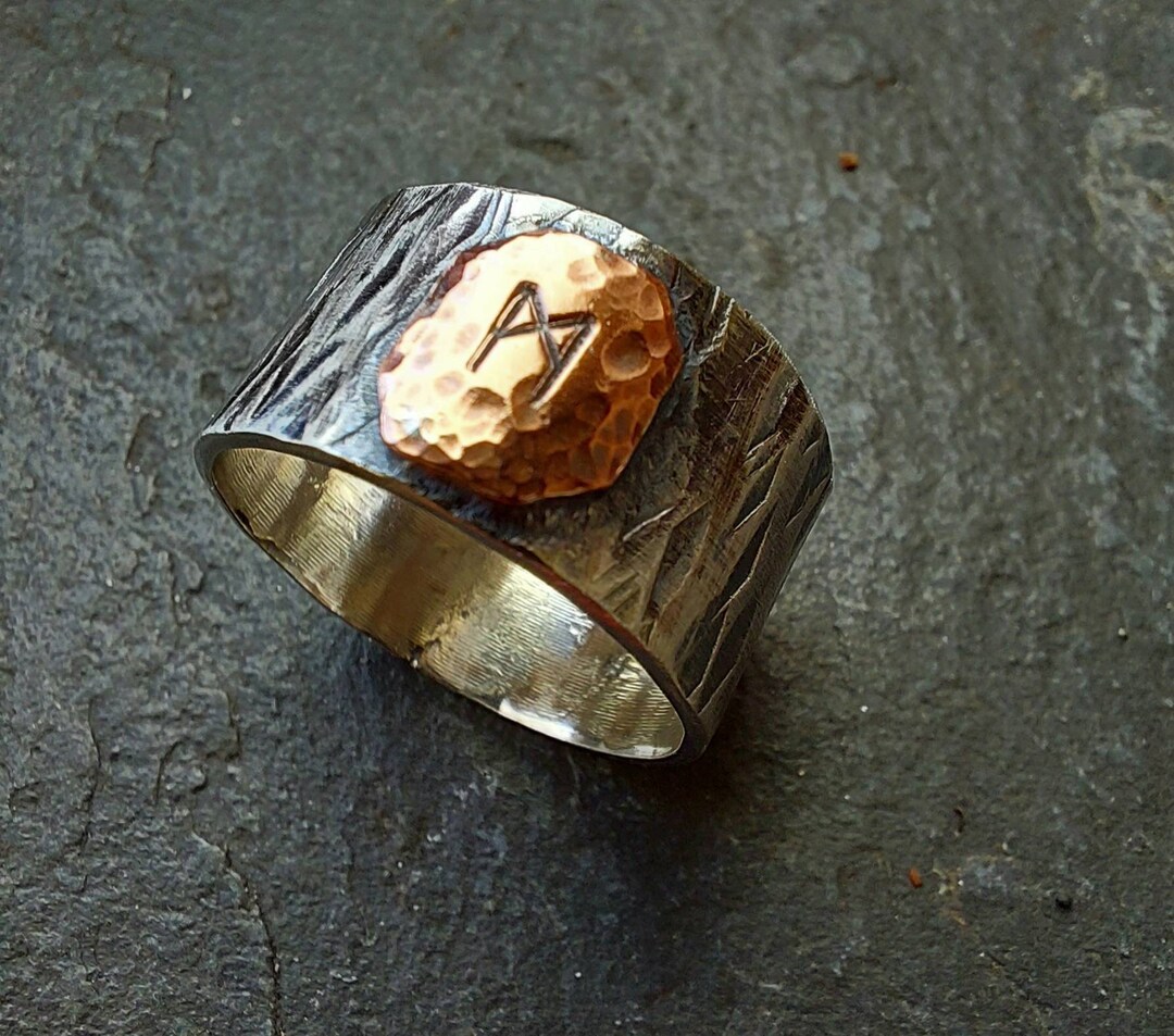 Silver Rune Handmade Hammered and Oxidised Ring With Copper Rune ...