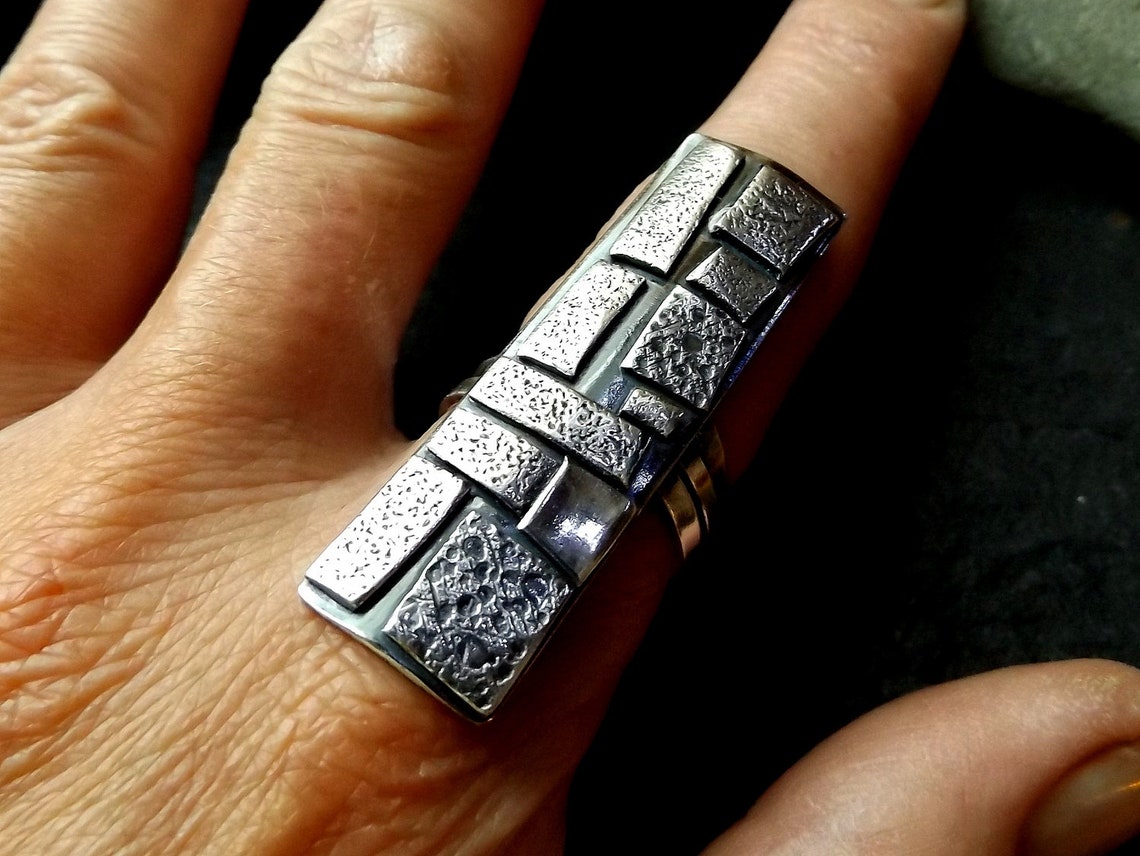 Silver Unique Textured Long Ring Heavily Oxidised . Silver - Etsy