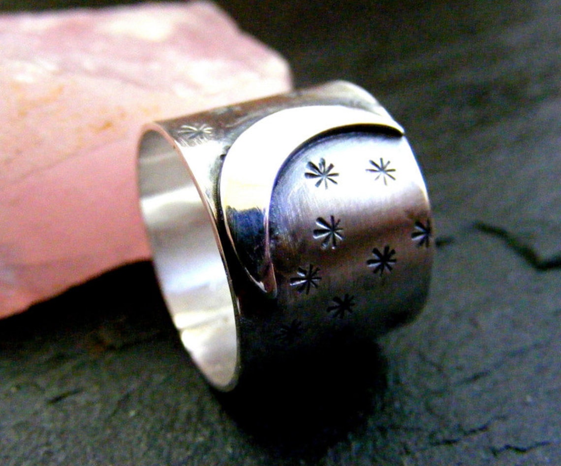 Silver Crescent Moon and Star Design Celestial Sterling - Etsy