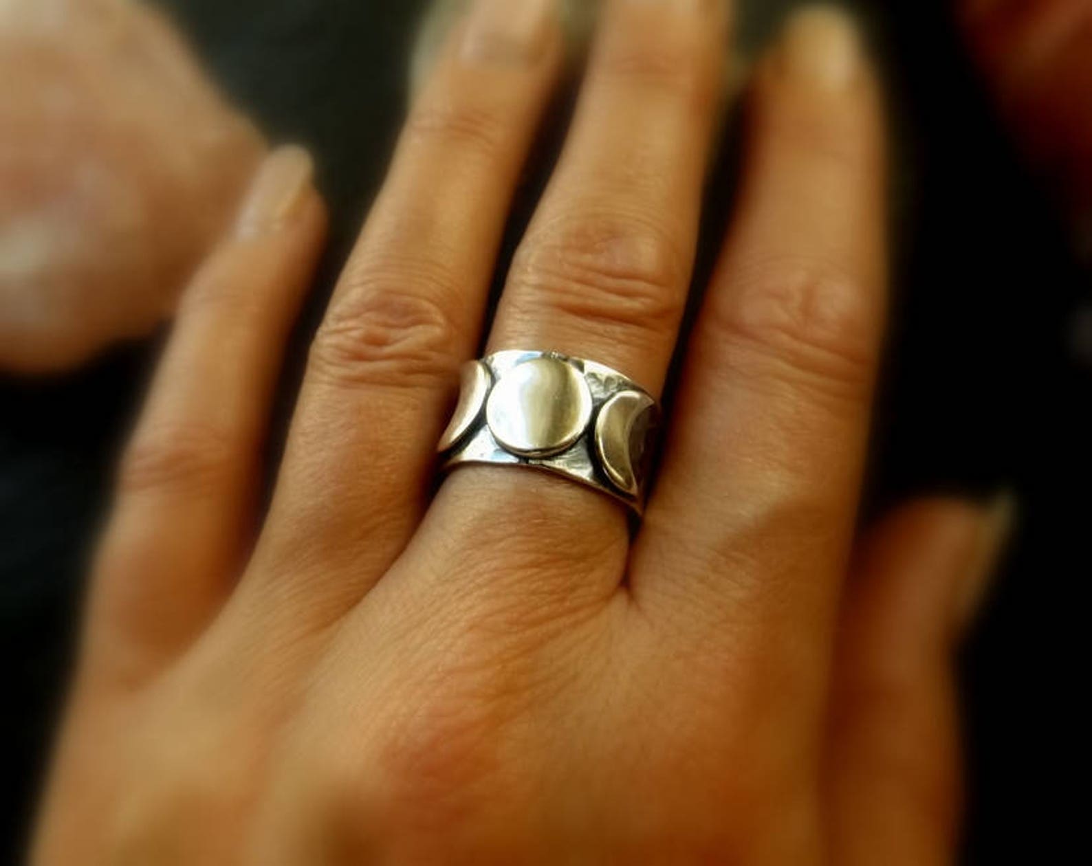 Silver Triple moon ring wide three moon crescent silver ring | Etsy