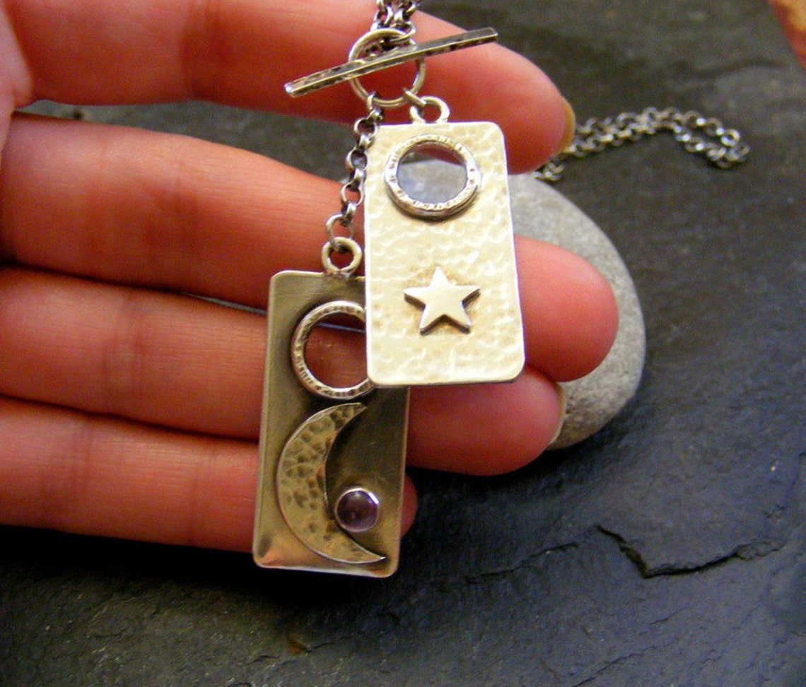 Silver Star and Moon Amethyst Double Tag Toggle Celestial - Etsy
