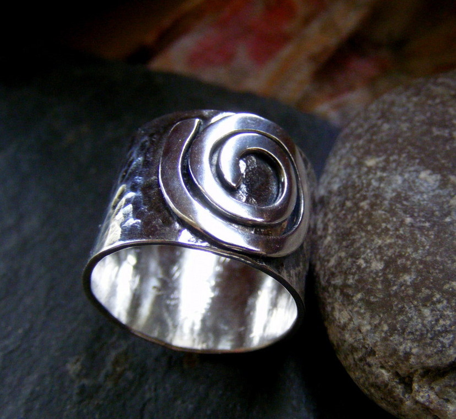 Silver Spiral Rustic Ring Sterling Statement Wide Band Swirl Circles ...