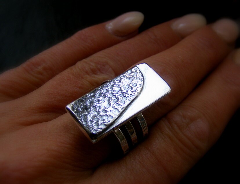 Silver Textured Statement Ring Oxidized and Highly Polished, Sterling ...